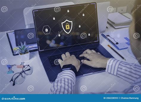 Person Using A Laptop Computer With Data Protection Cyber Security Information Safety And