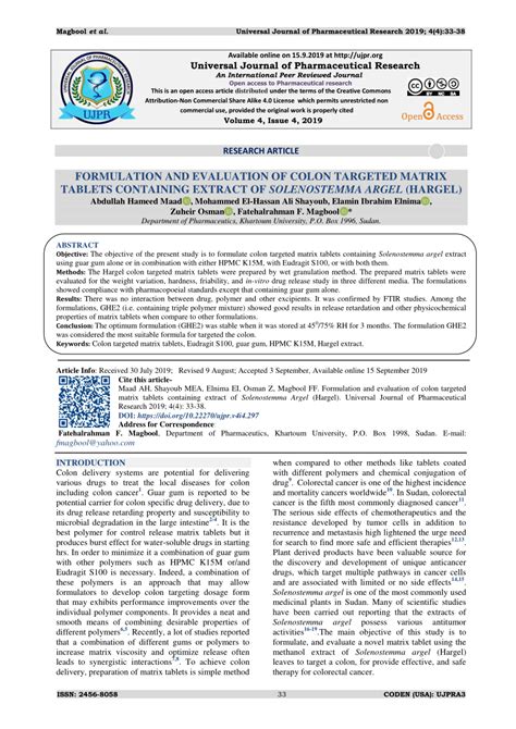 Pdf Formulation And Evaluation Of Colon Targeted Matrix Tablets Containing Extract Of