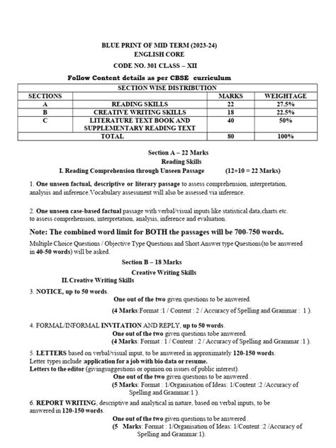 Revised Grade Xii Mid Term Blueprints 2023 24 17 6 23 Pdf Reading Comprehension Multiple