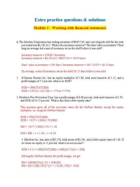 Module 2 Extra Practice Questions With Solutions Pdf Return On Equity Revenue