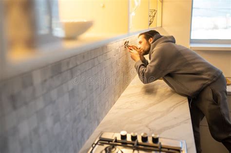 Man Installing The Power Socket On The Kitchen Wall Stock Image Image Of Male Installation