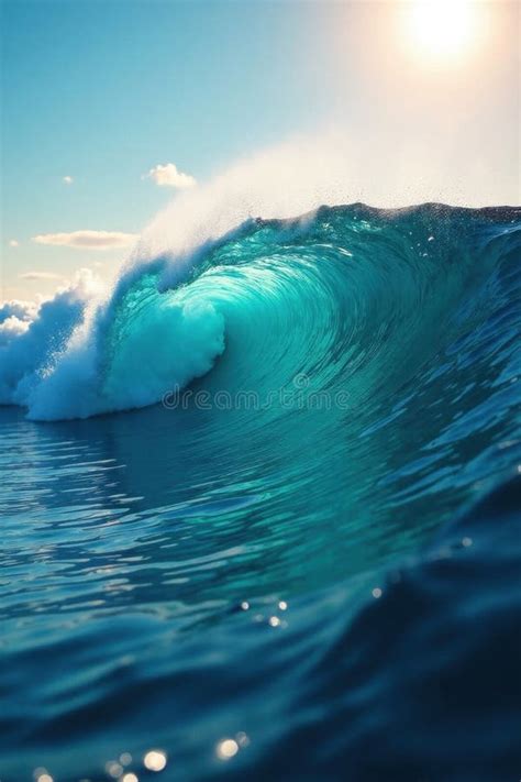 Rolling Ocean Wave Sunlit Surface Deep Blue Hues Foam Seascape