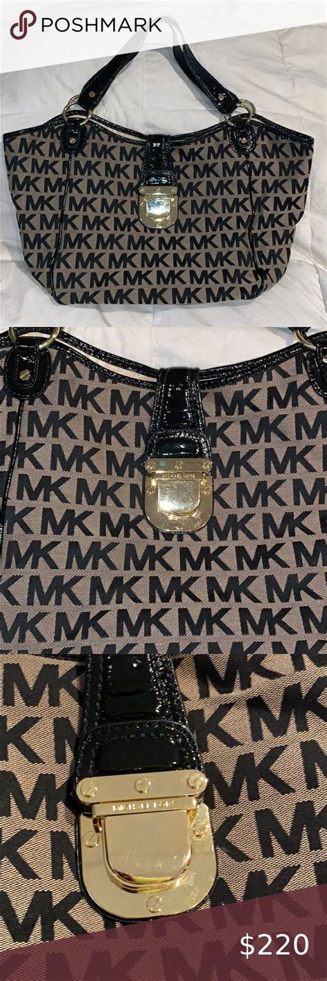 Michael Kors Mk Logo Satchel With Patent Accents Michael Kors Black Satchel With Gold Tone