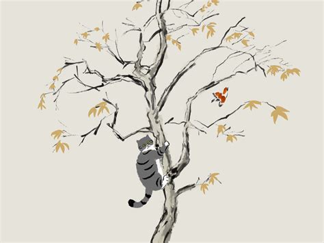 猫咪爬树国画 Kevin Pengpeng 站酷zcool