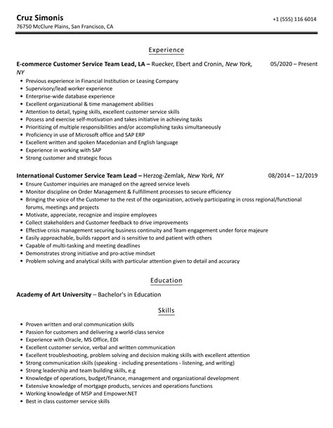 Customer Service Team Lead Resume Samples Velvet Jobs