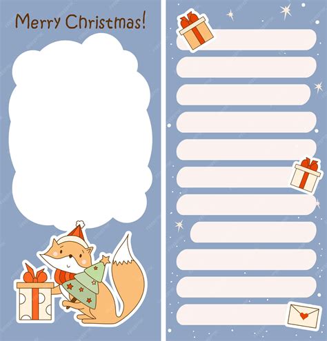 주간 또는 일일 플래너 메모 용지 목록 스티커 메리 크리스마스 귀여운 여우 세로 템플릿 프리미엄 벡터