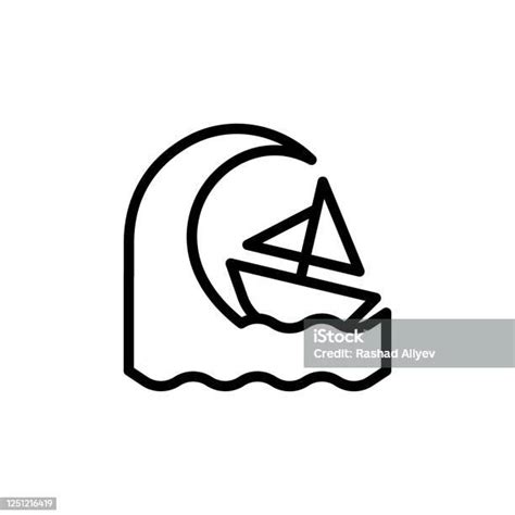 폭풍 파도 보트 바다 아이콘 간단한 라인 Ui 및 Ux 웹 사이트 또는 모바일 응용 프로그램에 대한 해양 아이콘을 저장하는 벡터 요소를 개요 0명에 대한 스톡 벡터 아트 및