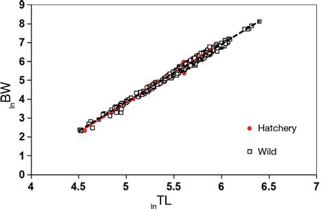 linear regression between total length tl and body weight bw for
