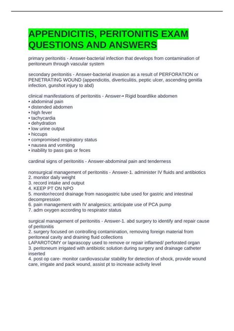 Appendicitis Peritonitis Exam Questions And Answers Appendicitis