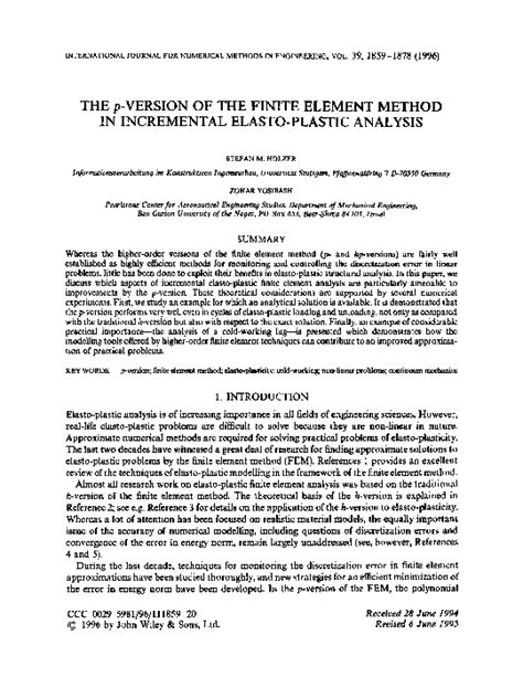 Pdf Thep Version Of The Finite Element Method In Incremental Elasto Plastic Analysis