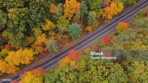 Aerial View Of A Road Surrounded By Autumn Trees In Great Smoky