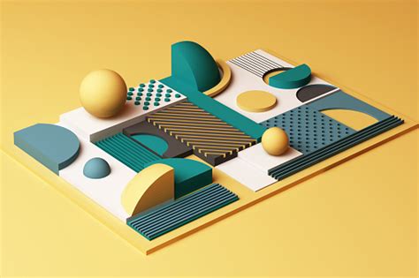 노란색과 녹색 톤의 기하학적 모양의 구성으로 디자인합니다 3d 렌더링 일러스트레이션 0명에 대한 스톡 사진 및 기타 이미지