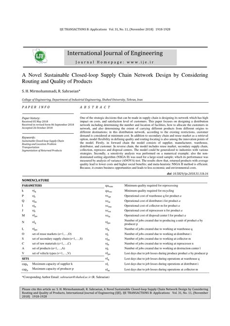 Pdf A Novel Sustainable Closed Loop Supply Chain Network Design By Considering Routing And