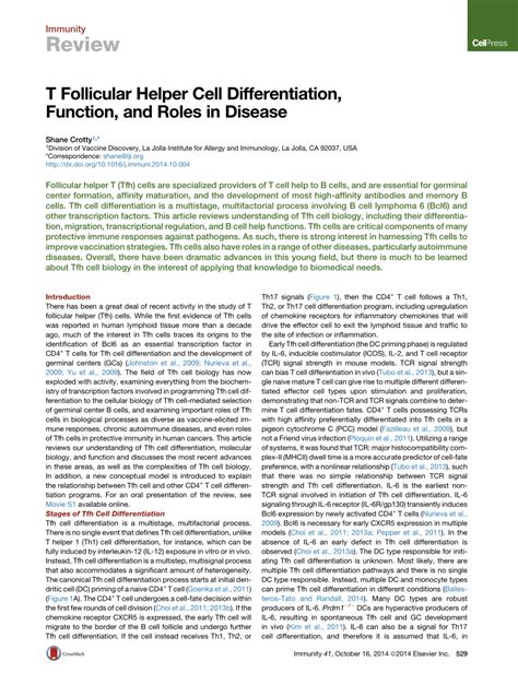Pdf T Follicular Helper Cell Differentiation Function And Roles In