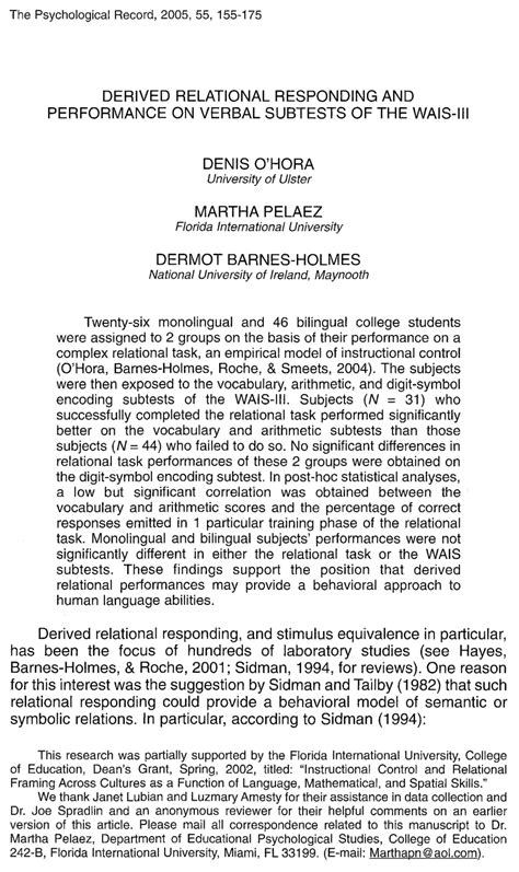 Pdf Derived Relational Responding And Performance Of Verbal Subtests Of The Wais Iii