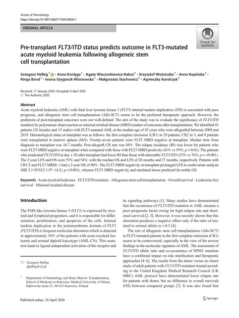 Pdf Pre Transplant Flt3 Itd Status Predicts Outcome In Flt3 Mutated Acute Myeloid Leukemia