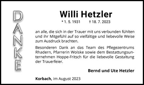 Traueranzeigen Von Willi Hetzler Trauer Wlz Online De