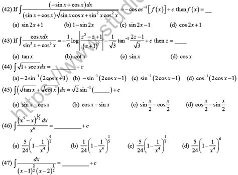 Jee Mathematics Indefinite Integrals Mcqs Set C With Answers