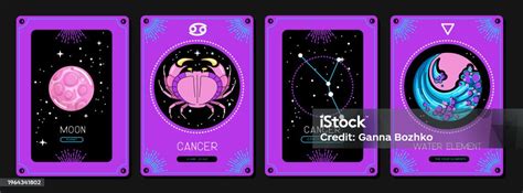 점성술 암 조디악 사인 특성과 형광 만화 마법 마법 카드 세트 벡터 일러스트 레이 션 갈고리 발톱에 대한 스톡 벡터 아트 및 기타 이미지 갈고리 발톱 게 게자리