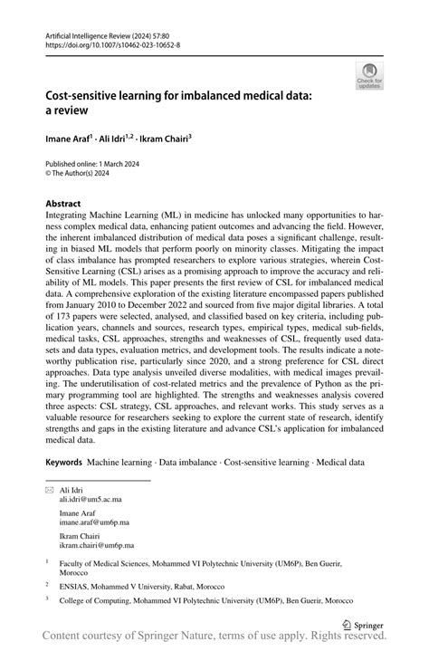 Pdf Cost Sensitive Learning For Imbalanced Medical Data A Review