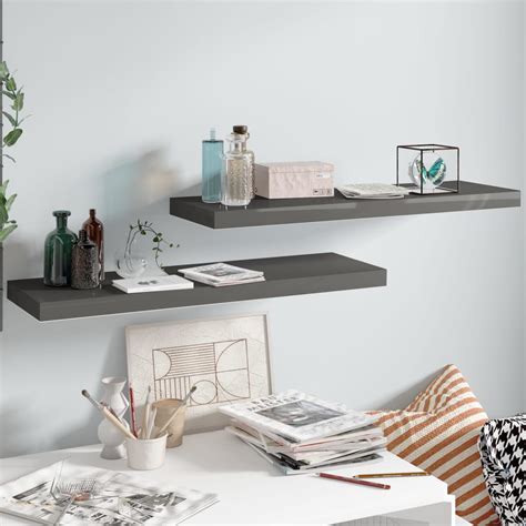 Buy Floating Wall Shelves 2 Pcs High Gloss Gray 80x23 5x3 8cm Mdf At