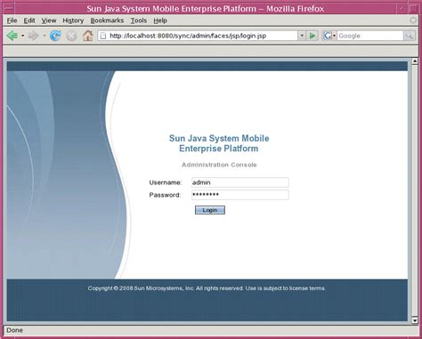 logging in to the admin console sun java system mobile enterprise