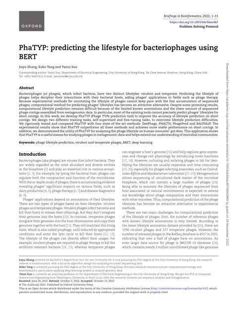 Pdf Phatyp Predicting The Lifestyle For Bacteriophages Using Bert
