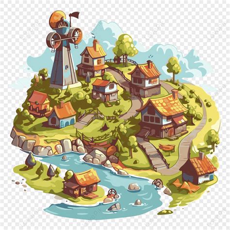 바위와 흰색에 고립 된 만화 마을의 카운티 클립 아트 그림 벡터 Png 일러스트 무료 다운로드 Lovepik