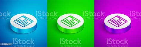 아이소메트릭 선 그래프 차트 다이어그램 파란색 녹색 및 보라색 배경에 격리된 인포그래픽 아이콘 흰색 원 버튼 벡터 3차원 형태에 대한 스톡 벡터 아트 및 기타 이미지