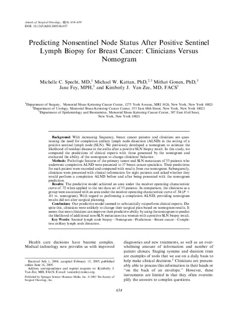 Pdf Predicting Nonsentinel Node Status After Positive Sentinel Lymph Biopsy For Breast Cancer