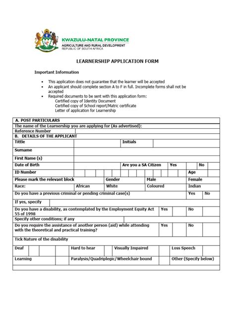 Learnership Application Form 2024 Pdf Disability Indemnity