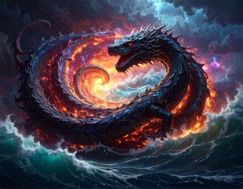 Cosmic Dragon Serpent In Fiery Nebula Storm Stock Illustration