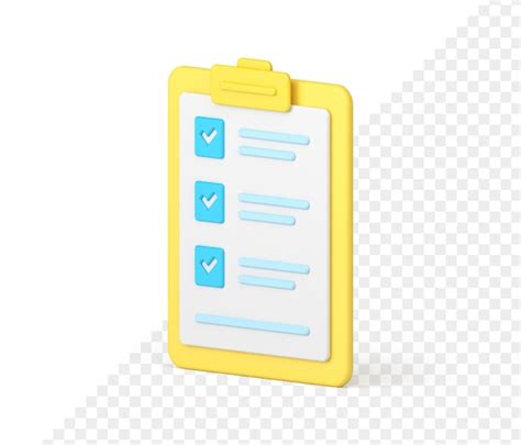 Premium Psd Checklist On 3d Yellow Clipboard Paper Document In Test Form With Check Marks And