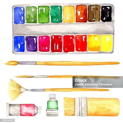 수채화는 학생을 위해 모든 색상의 팔레트로 물감을 칠합니다 다른 브러시 수채화로 손으로 그린 사무실 드로잉 앨범 학교용 공부에 대한 스톡 벡터 아트 및 기타 이미지 Istock