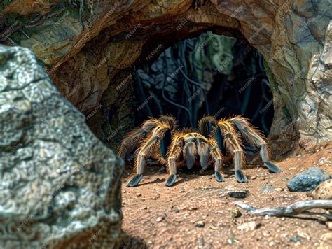 Majestic Tarantula Spider Perched At Cave Entrance In Natural Habitat