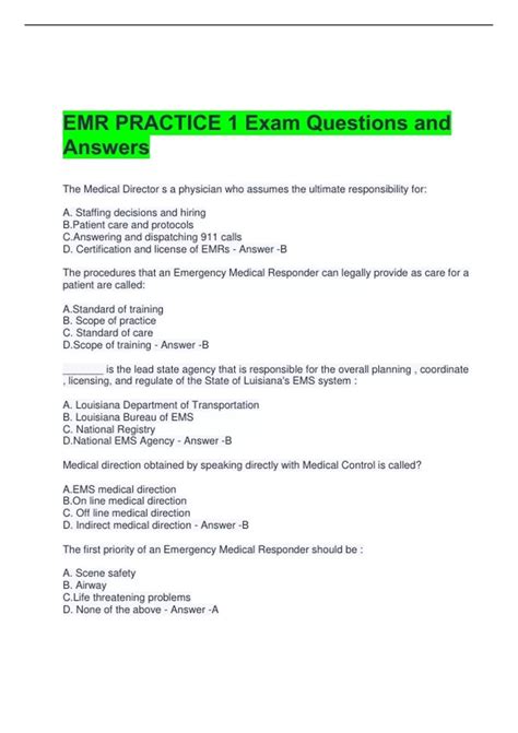 Emr Practice 1 Exam Questions And Answers Emergency Medical Responder Stuvia Us