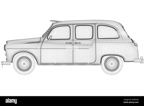 Wireframe Of A Retro Car From Black Lines Isolated On A White Background Side View 3d Vector