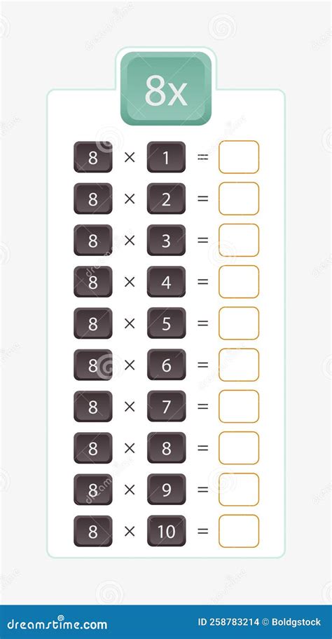 8x Multiplication For Practice Multiplication Table Without Answers Stock Vector Illustration