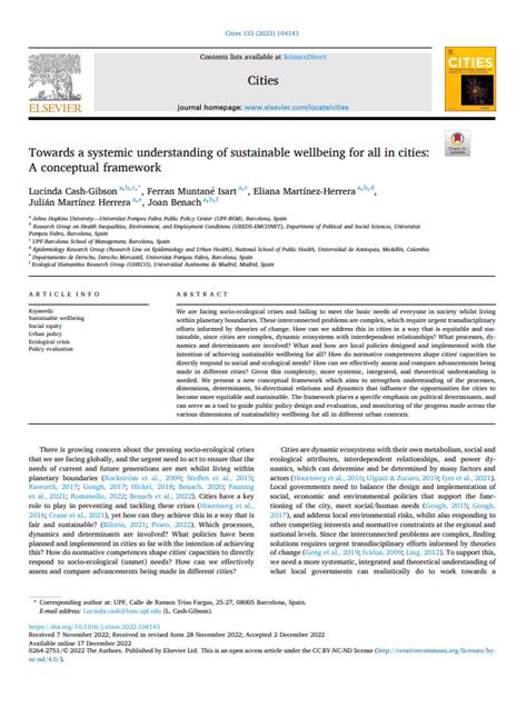 Towards A Systemic Understanding Of Sustainable Well Being For All In Cities A Conceptual