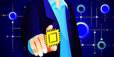 Nanotechnology Concept In Realistic Style Young Man In A Business Suit With A Central Processing