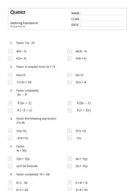 Printable Factoring Expressions Worksheets Quizizz Printable Factoring Expressions Worksheets Quizizz