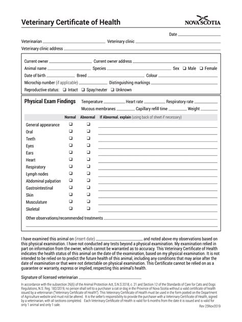 Canada Veterinary Certificate Of Health Nova Form Fill Online