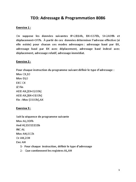 Td3 Adressage And Programmation 8086 Exercice 1 Pdf Technologie Et
