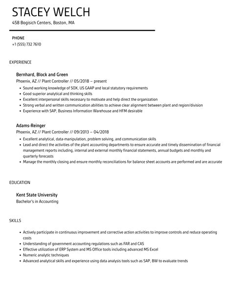 Plant Controller Resume Samples Velvet Jobs