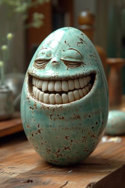 3d Illustration Of A Smiling Egg With Big Teeth On A Table Premium Ai