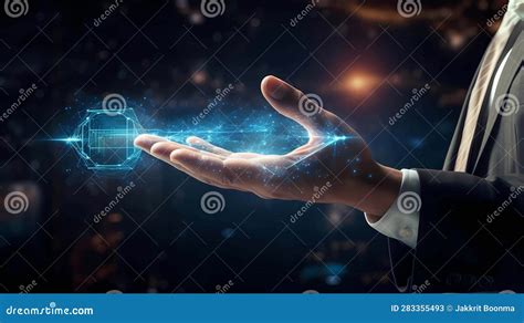 Close Up Of Businessman Hand Holding Hologram With Data And Network Symbols Generation Ai
