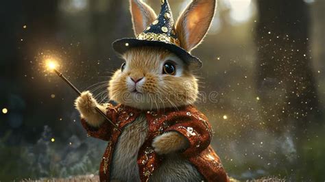 A Rabbit Dressed As A Magician With A Tiny Hat And A Wand Sitting On A