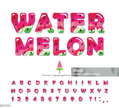 수박 여름 밝은 글꼴입니다 만화 장식 알파벳입니다 흰색으로 분리된 광택 있는 문자와 숫자 패키지 포스터 배너 티셔츠 브로셔 디자인 벡터 수박에 대한 스톡 벡터 아트 및 기타