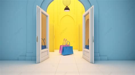 쇼핑백 아치형 통로를 통과하는 열린 문 애니메이션 출입구 최소 만화 개념을 통해 떠다니는 쇼핑백과 함께 노란색과 파란색 배경에