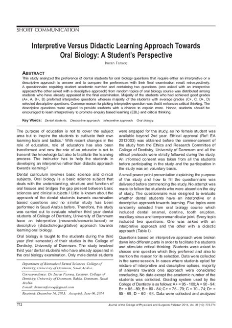 Pdf Interpretive Versus Didactic Learning Approach Towards Oral
